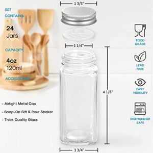 AOZITA 24 Pcs Glass Spice Jars with White Printed Spice Labels - 4oz Empty Square Spice Bottles - Shaker Lids and Airtight Metal Caps - Silicone Collapsible Funnel