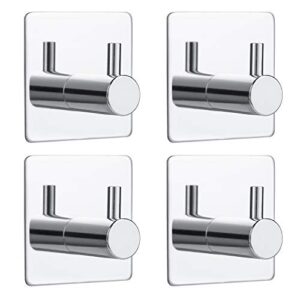 bylion 4 pack silver adhesive wall hooks, adhesive chrome hooks bathroom towel hooks chrome sus 304 stainless steel wall hooks, heavy duty waterproof hooks, robe hooks for bathroom kitchen bedroom