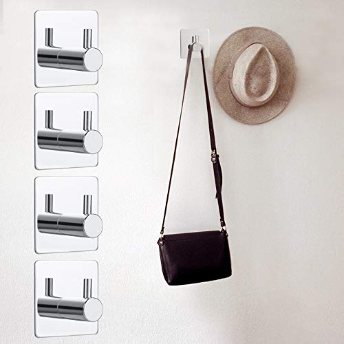 Bylion 4 Pack Silver Adhesive Wall Hooks, Adhesive Chrome Hooks Bathroom Towel Hooks Chrome SUS 304 Stainless Steel Wall Hooks, Heavy Duty Waterproof Hooks, Robe Hooks for Bathroom Kitchen Bedroom