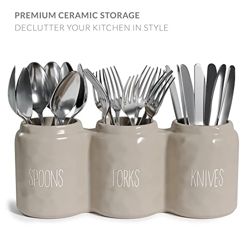 Barnyard Designs Silverware Caddy for Countertop - Cutlery Organizer for Spoon, Fork, and Knife - Ceramic Utensil Holder for Flatware or Plasticware - Perfect for Parties - 12.5” x 4.25” x 5