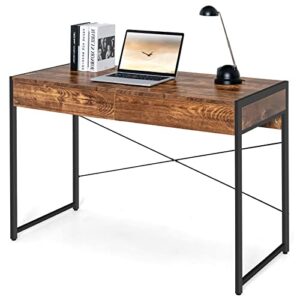 tangkula industrial computer desk with 2 drawers, simple study writing desk with drawers, 44 inches laptop pc workstation, student desk home office desk ideal for bedroom & office (rustic brown)