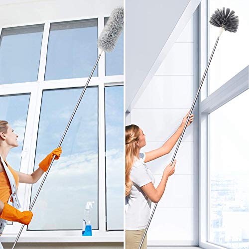 Duster with Extension Pole 100'' Double Replacement Heads + Shower Squeegee Stainless Steel Glass Window Squeegee