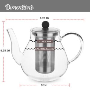 BTaT - Glass Teapot with Removable Infuser (32oz, 1000ml) Stovetop Safe Tea Kettle, Blooming and Loose Leaf Tea Maker Set, Mother's Day Gift