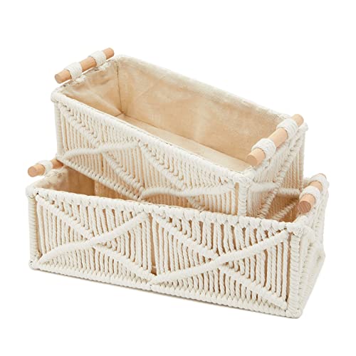 2 Pack Macrame Storage Basket for Nursery, Bohemian Style Home Decor and Nursery (2 Sizes, White)