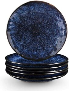 vicrays ceramic dessert salad plates, 8 inch, set of 6, round, microwave, oven, and dishwasher safe, scratch resistant, porcelain fluted suitable for snacks, appetizer, home, party, restaurant (blue)