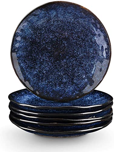 vicrays Ceramic Dessert Salad Plates, 8 Inch, Set of 6, Round, Microwave, Oven, and Dishwasher Safe, Scratch Resistant, Porcelain Fluted Suitable for Snacks, Appetizer, Home, Party, Restaurant (Blue)