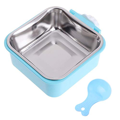 Crate Dog Bowl, Removable Stainless Steel Water Food Feeder Bowls Hanging Pet Cage Bowl Cage Coop Cup for Dogs Cats Puppy Rabbits Bird and Small Pets (Samll (Pack of 1), Square Blue)