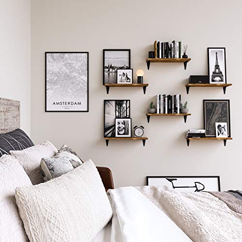 Wallniture Arras Floating Shelves for Wall, Wood Wall Shelves for Bedroom Decor, Burned Set of 6