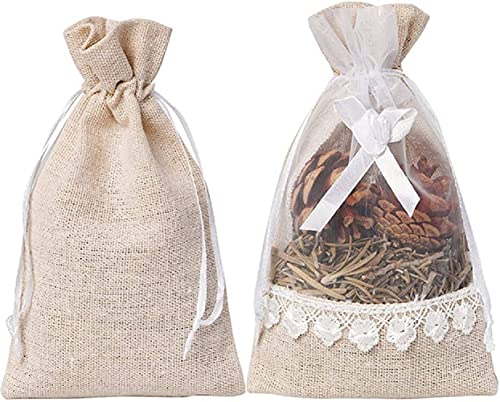 KUPOO 20PS Rose Drawstring Burlap Bags, 4x6 Inch Lace Jute Organza Favor Gift Bags for Wedding Party Favor and DIY Craft (stly A)