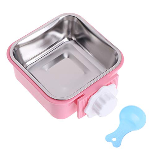 Crate Dog Bowl, Removable Stainless Steel Water Food Feeder Bowls Hanging Pet Cage Bowl Cage Coop Cup for Dogs Cats Puppy Rabbits Bird and Small Pets (Samll (Pack of 1), Square Pink)