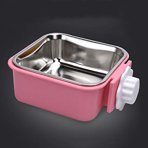 Crate Dog Bowl, Removable Stainless Steel Water Food Feeder Bowls Hanging Pet Cage Bowl Cage Coop Cup for Dogs Cats Puppy Rabbits Bird and Small Pets (Samll (Pack of 1), Square Pink)