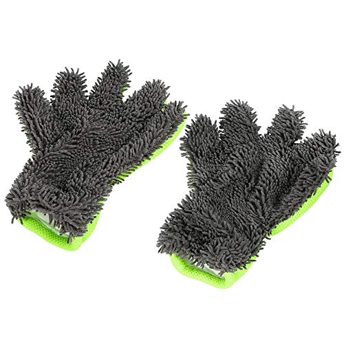 X AUTOHAUX Pair Green Gray Car Wash Mitt Microfiber Five Finger Glove Double Sided Dirt Washing Tool