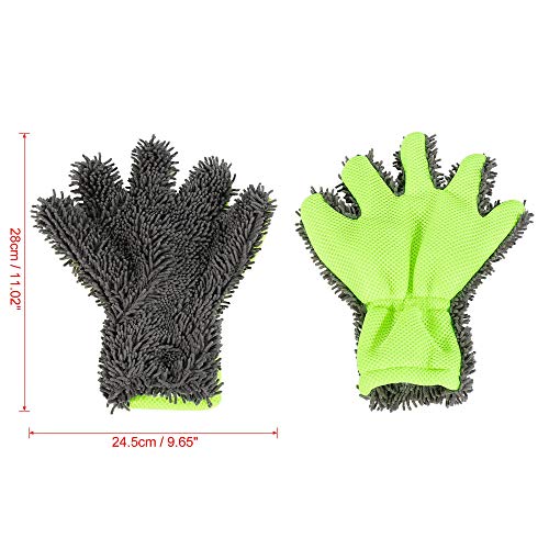 X AUTOHAUX Pair Green Gray Car Wash Mitt Microfiber Five Finger Glove Double Sided Dirt Washing Tool