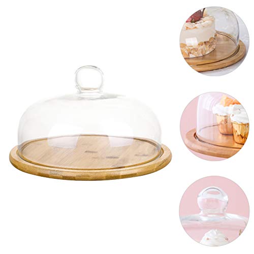 HEMOTON Cake Serving Plate with Dome Wood Dessert Stand Tray Pastry Cheese Display Glass Dome Cloche Plate Centerpiece for Cream Cake Desert Salad 21CM