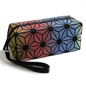 luminous pencil bag large capacity portable pencil pouch geometric pen bag pencil case zipper stationery bag with wrist strap