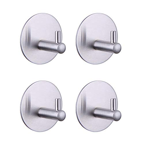 GERZWY Adhesive Hooks Heavy Duty Hooks Wall Hangers Waterproof Stainless Steel Hanger Towel Holder Stcik on Hooks for Hanging, 4 Packs (Brushed Steel)