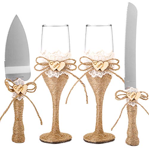 WUWEOT Cake Knife and Server Set with Champagne Glasses, Rustic Wedding Supplies with Jute Handles and Wood Heart for Wedding, Birthdays, Anniversaries, Parties, Rustic Bride Groom Gifts