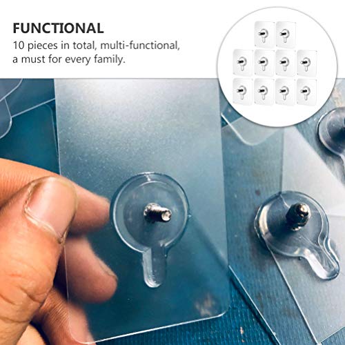 DOITOOL 10PCS Nail Free Wall Hook Screw Adhesive Hooks for Hanging, Non- Trace No Drilling Hooks for Bathroom Kitchen Installation Hanging, Waterproof Transparent Screws Hook (Nail Size 10mm)