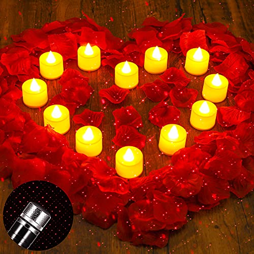 Valentine's Day 1000 Pieces Rose Flower Petals with 12 Pieces LED Love Candle Tealight Candles, 1 Piece USB Night Light for Valentine Day Proposal Wedding Birthday Party Decoration Table Centerpiece