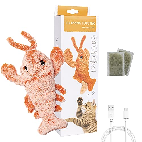 Flopping Lobster Toy for Cats & Small Dogs – Motion Activated Moving Cat Toy with 2 Catnip Packets – USB-Chargeable, Soft, Durable, Washable, Low-Noise Floppy Lobster Cat Nip Toy Gift, 11x4 In.