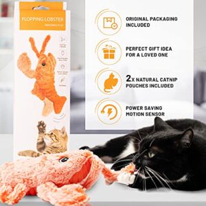 Flopping Lobster Toy for Cats & Small Dogs – Motion Activated Moving Cat Toy with 2 Catnip Packets – USB-Chargeable, Soft, Durable, Washable, Low-Noise Floppy Lobster Cat Nip Toy Gift, 11x4 In.