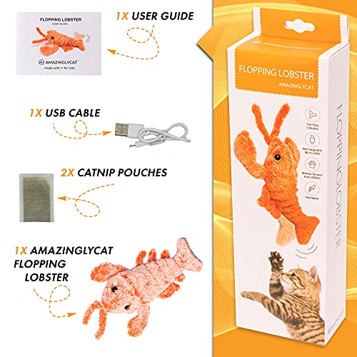 Flopping Lobster Toy for Cats & Small Dogs – Motion Activated Moving Cat Toy with 2 Catnip Packets – USB-Chargeable, Soft, Durable, Washable, Low-Noise Floppy Lobster Cat Nip Toy Gift, 11x4 In.