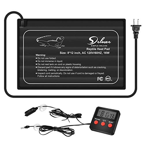 Simple Deluxe 8 X 12 Inch 16W Reptile Heating Pad with 2-Probe Digital Thermometer and Hygrometer Under Tank Heater Terrarium Warmer Heat Mat for Amphibians and Reptiles Pet, Black