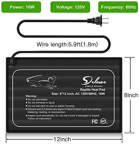 Simple Deluxe 8 X 12 Inch 16W Reptile Heating Pad with 2-Probe Digital Thermometer and Hygrometer Under Tank Heater Terrarium Warmer Heat Mat for Amphibians and Reptiles Pet, Black