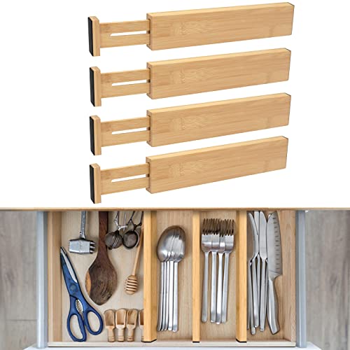 MDHAND Bamboo Drawer Dividers, Expandable & Adjustable Drawer Dividers Organizers, Drawer Separators for Kitchen, Dresser, Bedroom, Office, Set of 4 (13.38-17in)