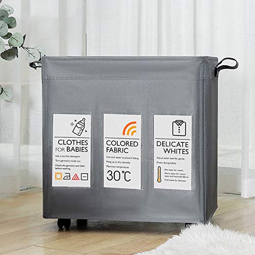 Houseware 3 Bags Laundry Hamper with Wheels Removable Laundry Bags Foldable Corner Storage Bins Collapsible Rolling Laundry Basket (Grey）