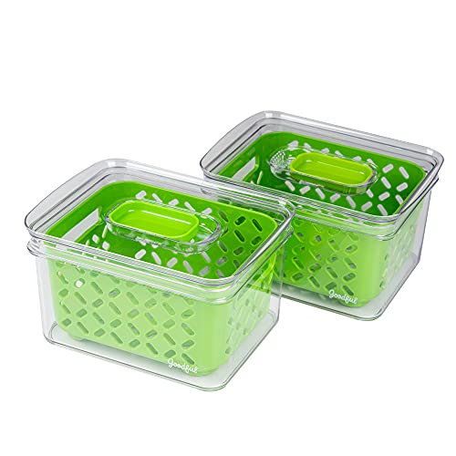 Goodful Produce Keeper, Adjustable Air Vents, Removable Insert/Colander, Durable Food Safe Material, Stackable, Clear and Green, Small, 7.6" x 5.6" x 4.2", Two Pack