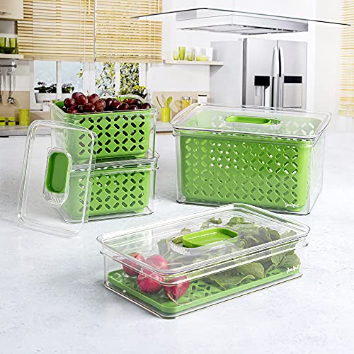 Goodful Produce Keeper, Adjustable Air Vents, Removable Insert/Colander, Durable Food Safe Material, Stackable, Clear and Green, Small, 7.6" x 5.6" x 4.2", Two Pack