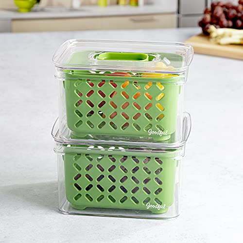 Goodful Produce Keeper, Adjustable Air Vents, Removable Insert/Colander, Durable Food Safe Material, Stackable, Clear and Green, Small, 7.6" x 5.6" x 4.2", Two Pack