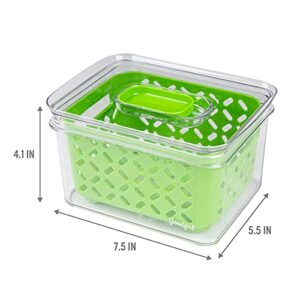 Goodful Produce Keeper, Adjustable Air Vents, Removable Insert/Colander, Durable Food Safe Material, Stackable, Clear and Green, Small, 7.6" x 5.6" x 4.2", Two Pack