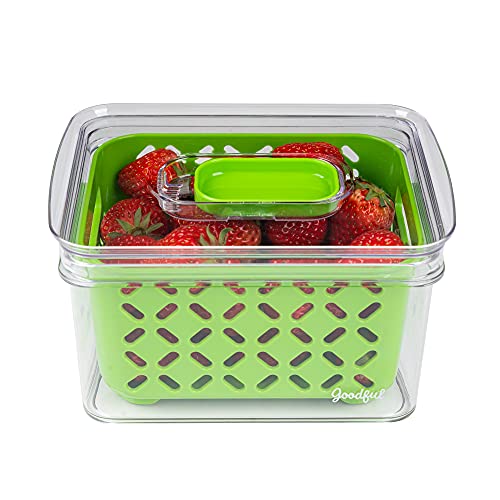 Goodful Produce Keeper, Adjustable Air Vents, Removable Insert/Colander, Durable Food Safe Material, Stackable, Clear and Green, Small, 7.6" x 5.6" x 4.2", Two Pack