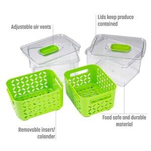 Goodful Produce Keeper, Adjustable Air Vents, Removable Insert/Colander, Durable Food Safe Material, Stackable, Clear and Green, Small, 7.6" x 5.6" x 4.2", Two Pack