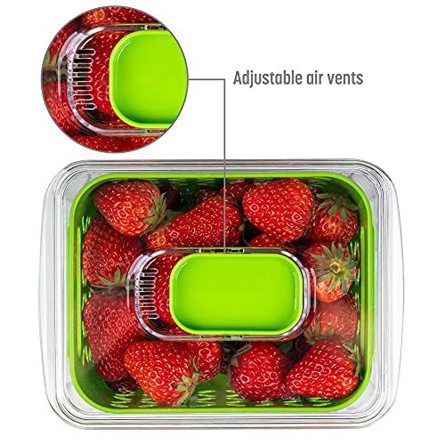 Goodful Produce Keeper, Adjustable Air Vents, Removable Insert/Colander, Durable Food Safe Material, Stackable, Clear and Green, Small, 7.6" x 5.6" x 4.2", Two Pack