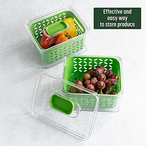 Goodful Produce Keeper, Adjustable Air Vents, Removable Insert/Colander, Durable Food Safe Material, Stackable, Clear and Green, Small, 7.6" x 5.6" x 4.2", Two Pack