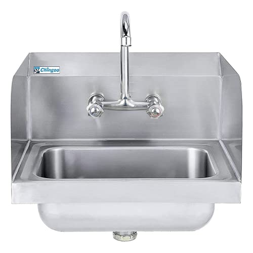 Chingoo Stainless Steel Sink with Faucet and Side Splash Commercial Wall Mount Hand Sink for Restaurant, Kitchen and Home, 17 x 15 Inches