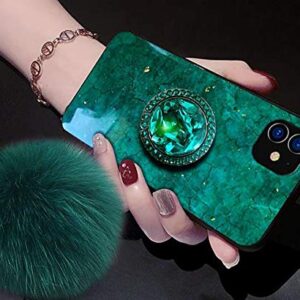 Aulzaju for Samsung S21 Ultra Case Bling Diamond Sparkle Marble Bumper Cover with Ring Kickstand Cute Glitter Rhinestone Fluffy Ball Wrist Strap Girl Woman Phone Case for Galaxy S21 Ultra (Green)