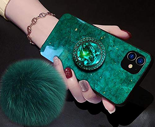 Aulzaju for Samsung S21 Ultra Case Bling Diamond Sparkle Marble Bumper Cover with Ring Kickstand Cute Glitter Rhinestone Fluffy Ball Wrist Strap Girl Woman Phone Case for Galaxy S21 Ultra (Green)