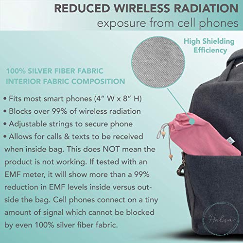 EMF Protection Phone Sleeve by Halsa. Radiation Blocking Carrying Case, Pouch. 100 Silver Fiber Fabric Lined. Drawstring Closure. High Shielding. Lightweight & Portable. Fits in Pocket, Purse, Pink