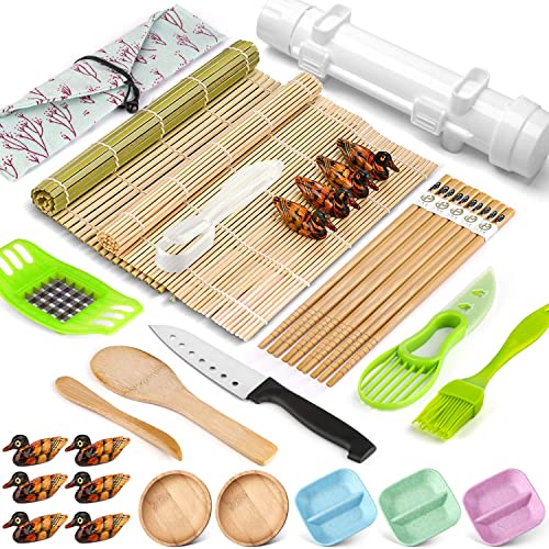 Sushi Making Kit, 28 Pcs Sushi Bazooka Maker with Bamboo Rolling Mat, Chopsticks, Paddle, Spreader, Sushi Knife for Sushi Lovers Beginners, DIY Sushi Roller Machine