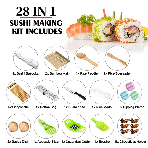 Sushi Making Kit, 28 Pcs Sushi Bazooka Maker with Bamboo Rolling Mat, Chopsticks, Paddle, Spreader, Sushi Knife for Sushi Lovers Beginners, DIY Sushi Roller Machine