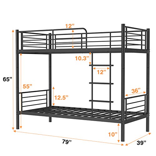 Noillats Metal Bunk Bed Twin Over Twin with Ladder, Heavy Duty Sturdy 2 in 1 Convertible Bunk Bed with Safety Guard Rails