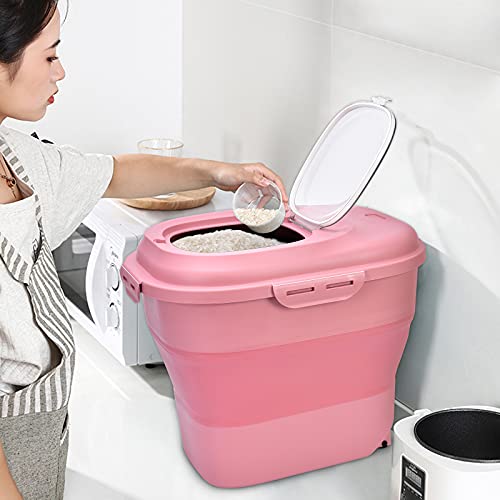 Panghuhu88 Foldable Rice Storage Container, 55 Lbs Large Pet Food Storage Container with Measuring Cup, Airtight Collapsible Dry Food Containers BPA-FREE (Pink)