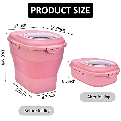 Panghuhu88 Foldable Rice Storage Container, 55 Lbs Large Pet Food Storage Container with Measuring Cup, Airtight Collapsible Dry Food Containers BPA-FREE (Pink)