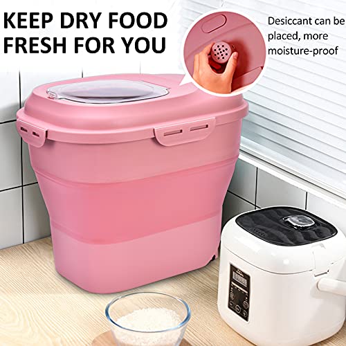 Panghuhu88 Foldable Rice Storage Container, 55 Lbs Large Pet Food Storage Container with Measuring Cup, Airtight Collapsible Dry Food Containers BPA-FREE (Pink)