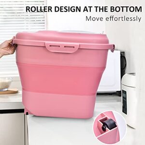 Panghuhu88 Foldable Rice Storage Container, 55 Lbs Large Pet Food Storage Container with Measuring Cup, Airtight Collapsible Dry Food Containers BPA-FREE (Pink)