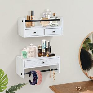 Y&ME YM Bathroom Shelf with Drawers Set of 2, Floating Nightstands for Bedroom, Wall Shelf with Drawer and Towel Rack Wall Mounted, Floating Drawer for Bathroom, Bedroom, Living Room, Kitchen (White)